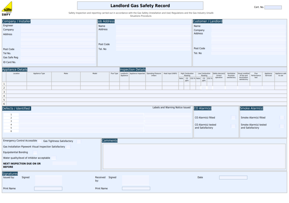 Fillable CP12 Gas Safety Record - Free PDF Template - Gas Engineer Software