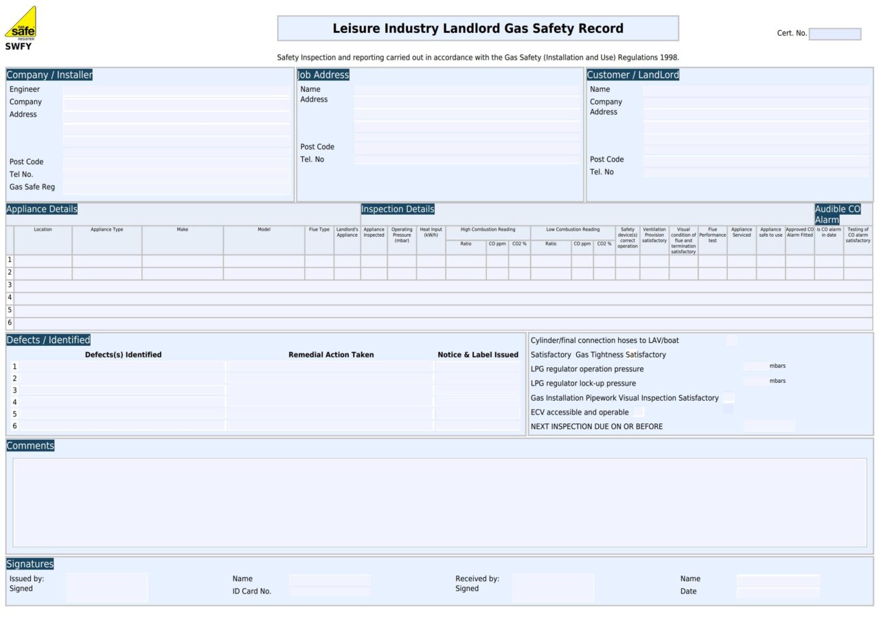 Leisure Industry Gas Safety Record – Free PDF Template - Gas Engineer ...