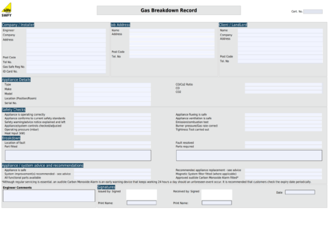 Gas Breakdown Record – Free PDF Template - Gas Engineer Software