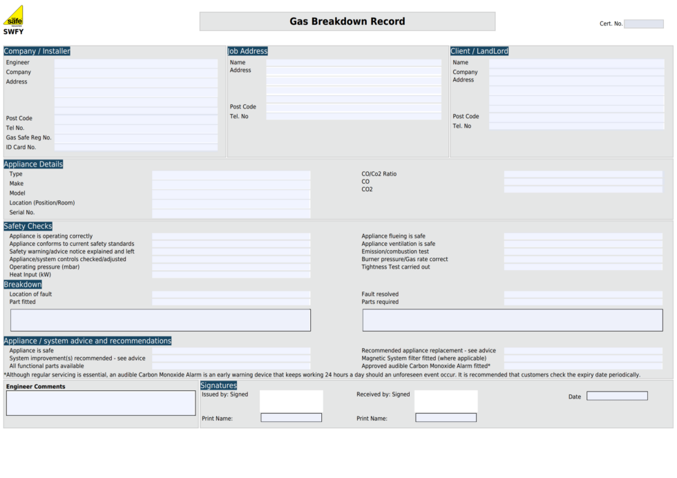 Gas Breakdown Record – Free PDF Template - Gas Engineer Software