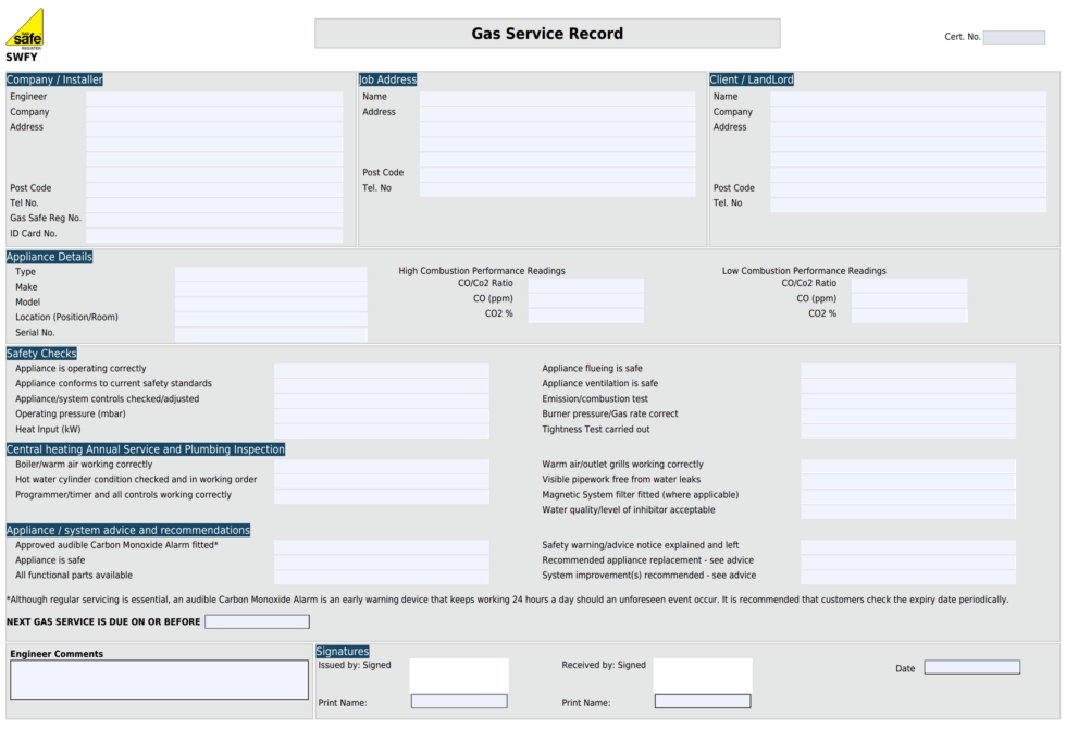 Gas Service Record – Free PDF Template - Gas Engineer Software