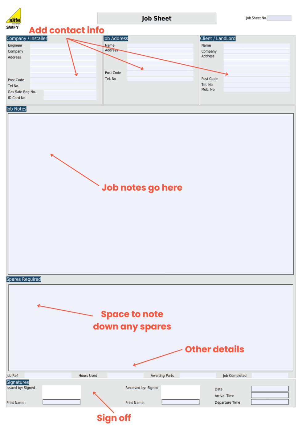Job Sheet – Free PDF Template - Gas Engineer Software