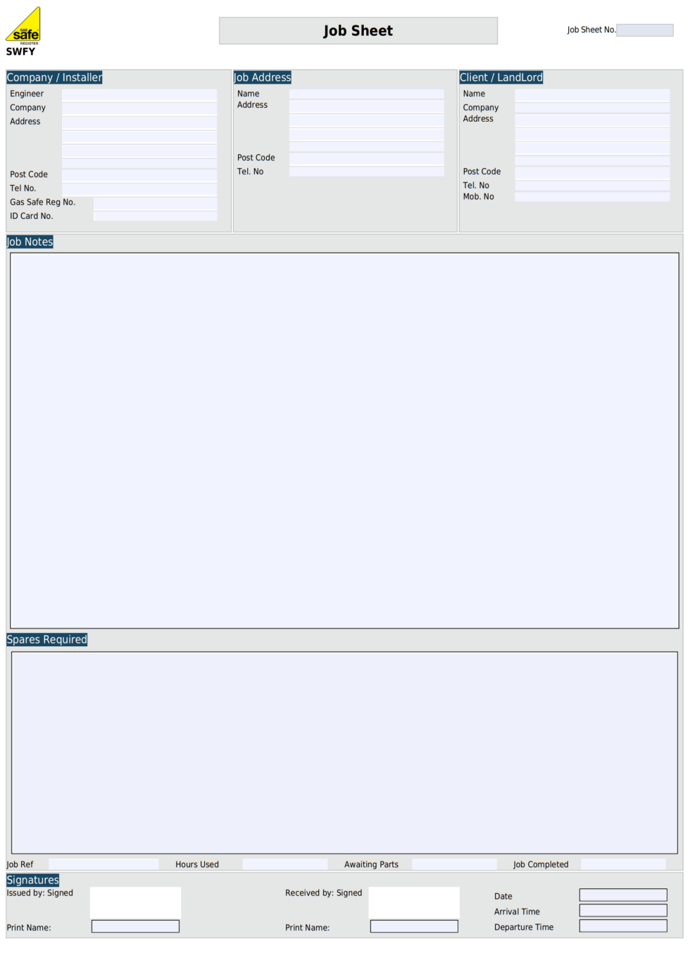 Job Sheet – Free PDF Template - Gas Engineer Software
