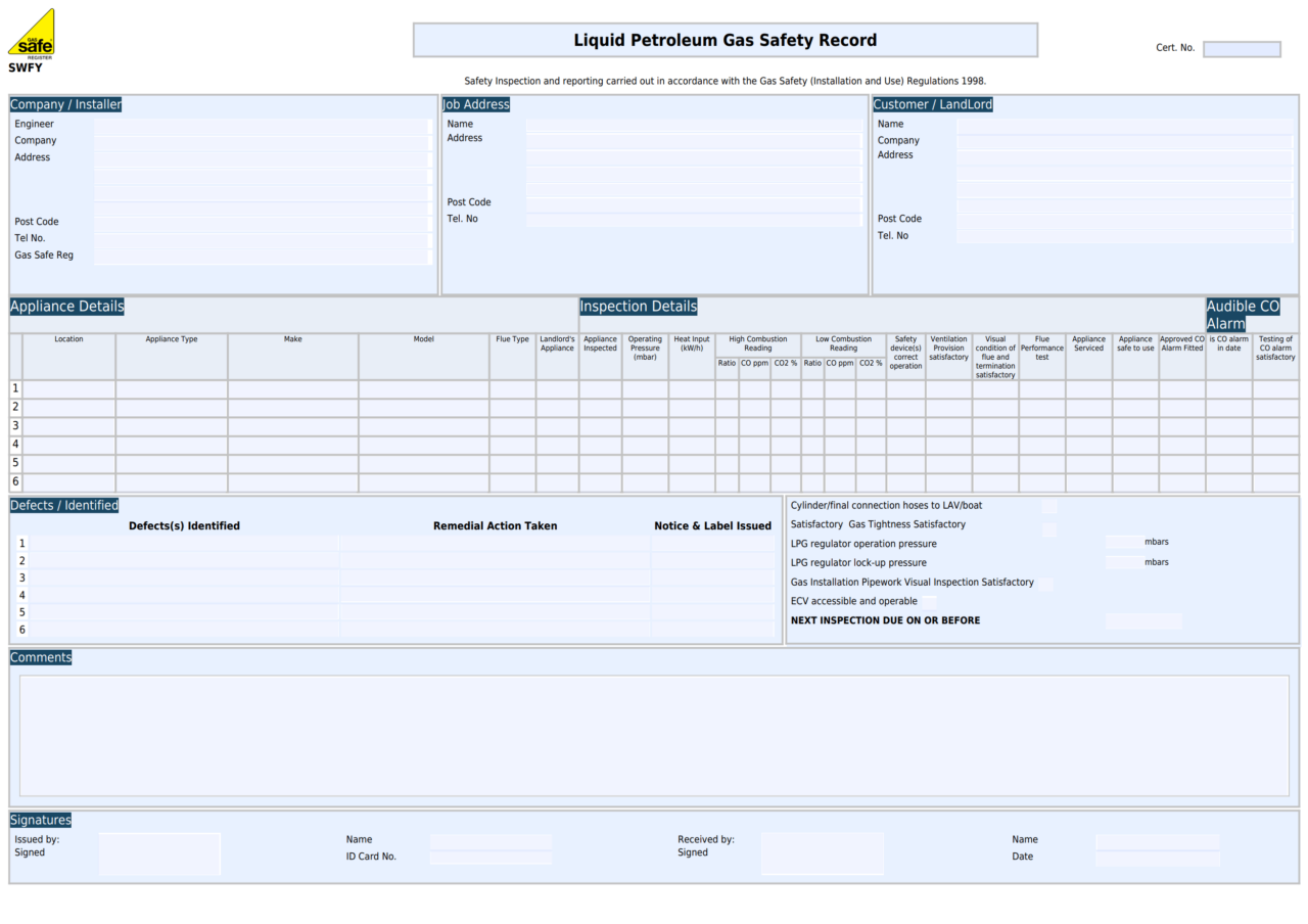 LPG Safety Record - Gas Engineer Software