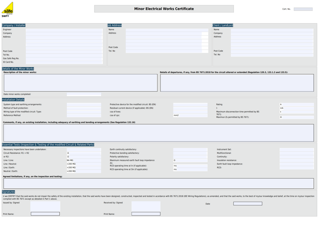 Minor Electrical Installation Works Certificate - Gas Engineer Software