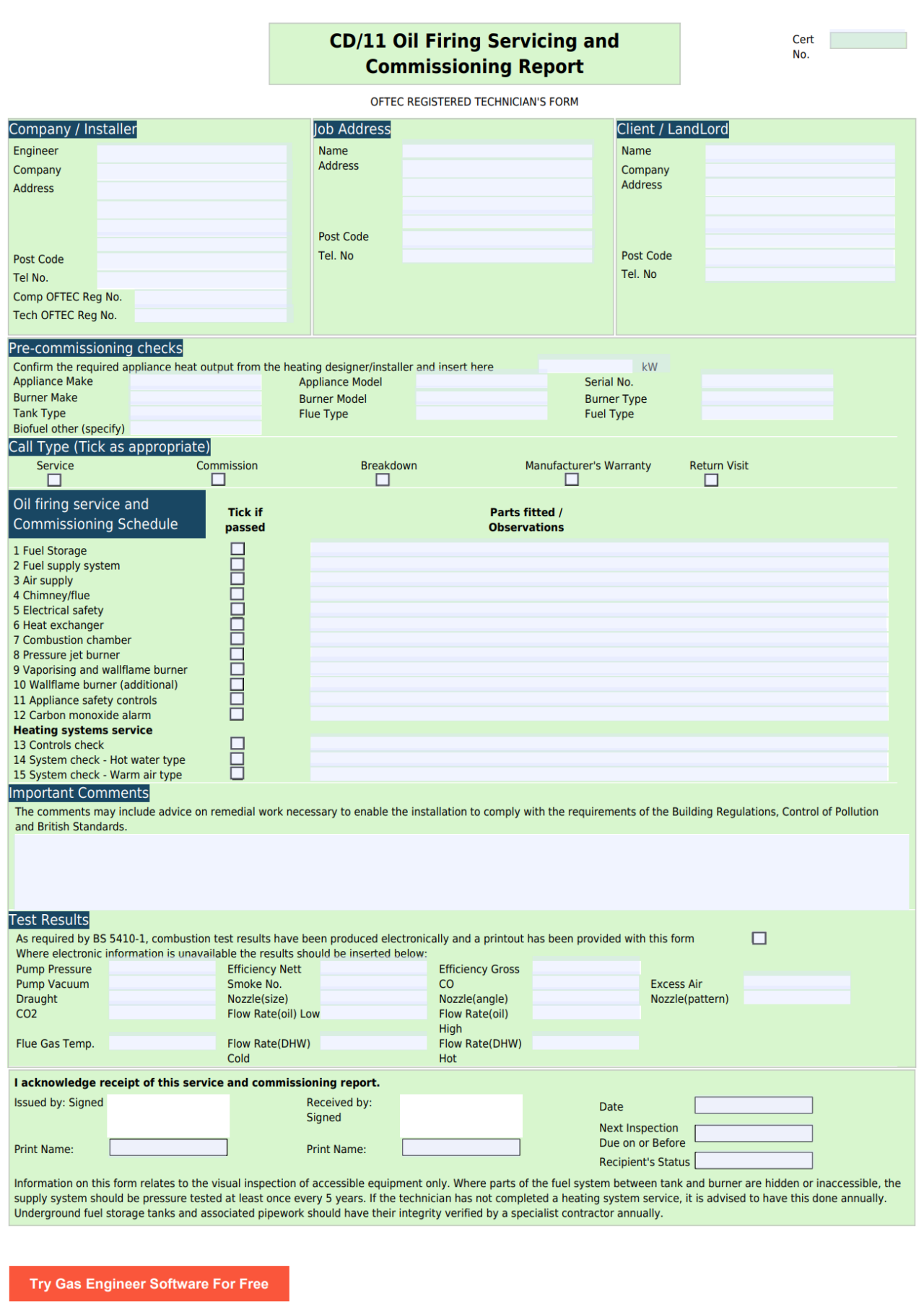 CD11 Oil Firing Servicing and Commissioning Report – Free PDF Template - Gas Engineer Software