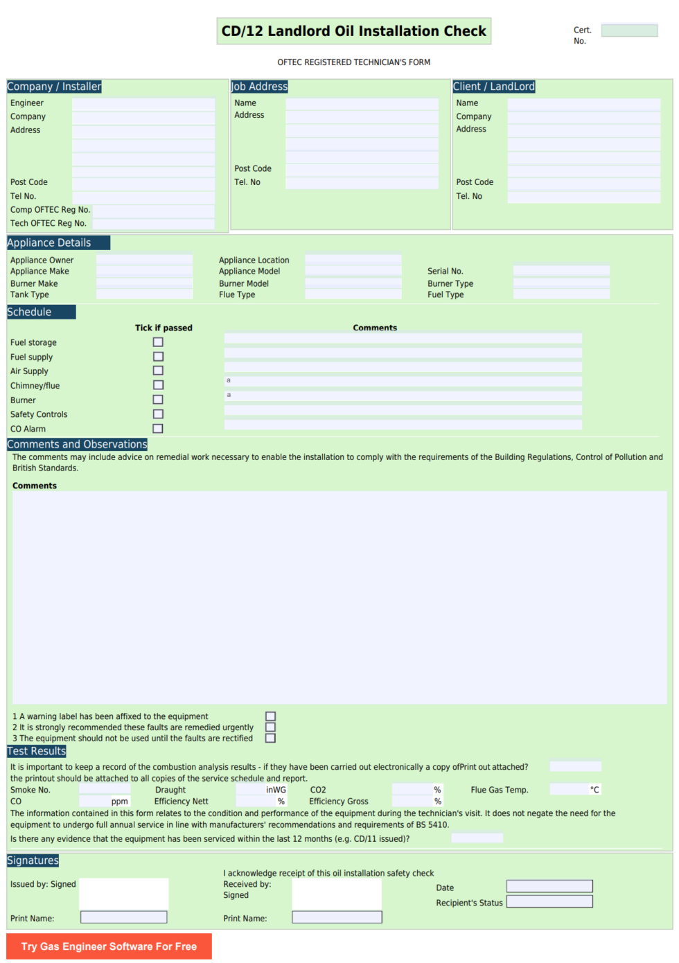 CD12 Landlord’s Oil Installation Check – Free PDF Template - Gas ...