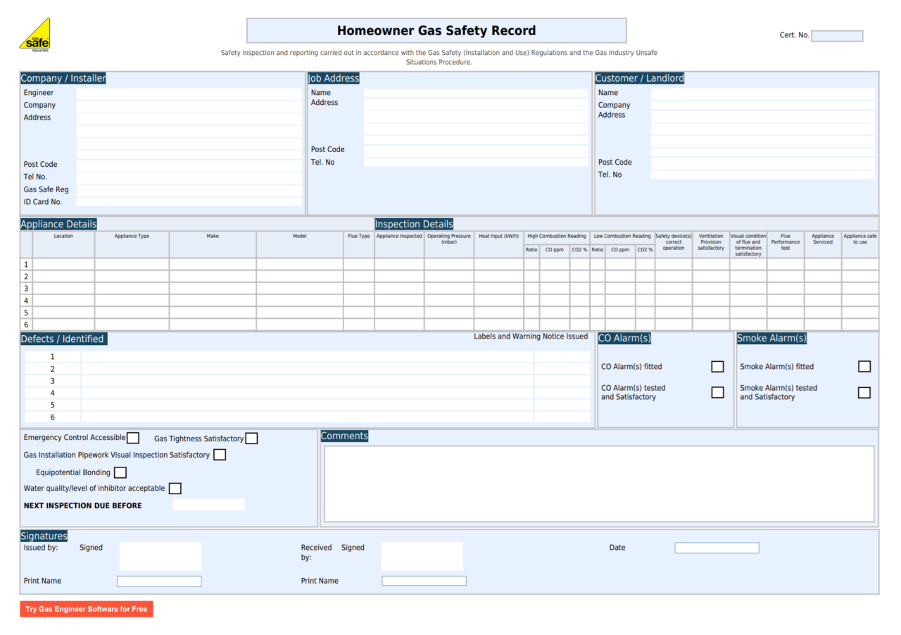 Free Gas Certificate Generators - Gas Engineer Software