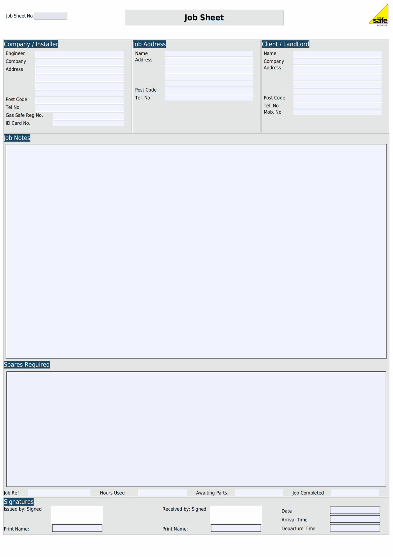Job Sheet – Free PDF Template - Gas Engineer Software